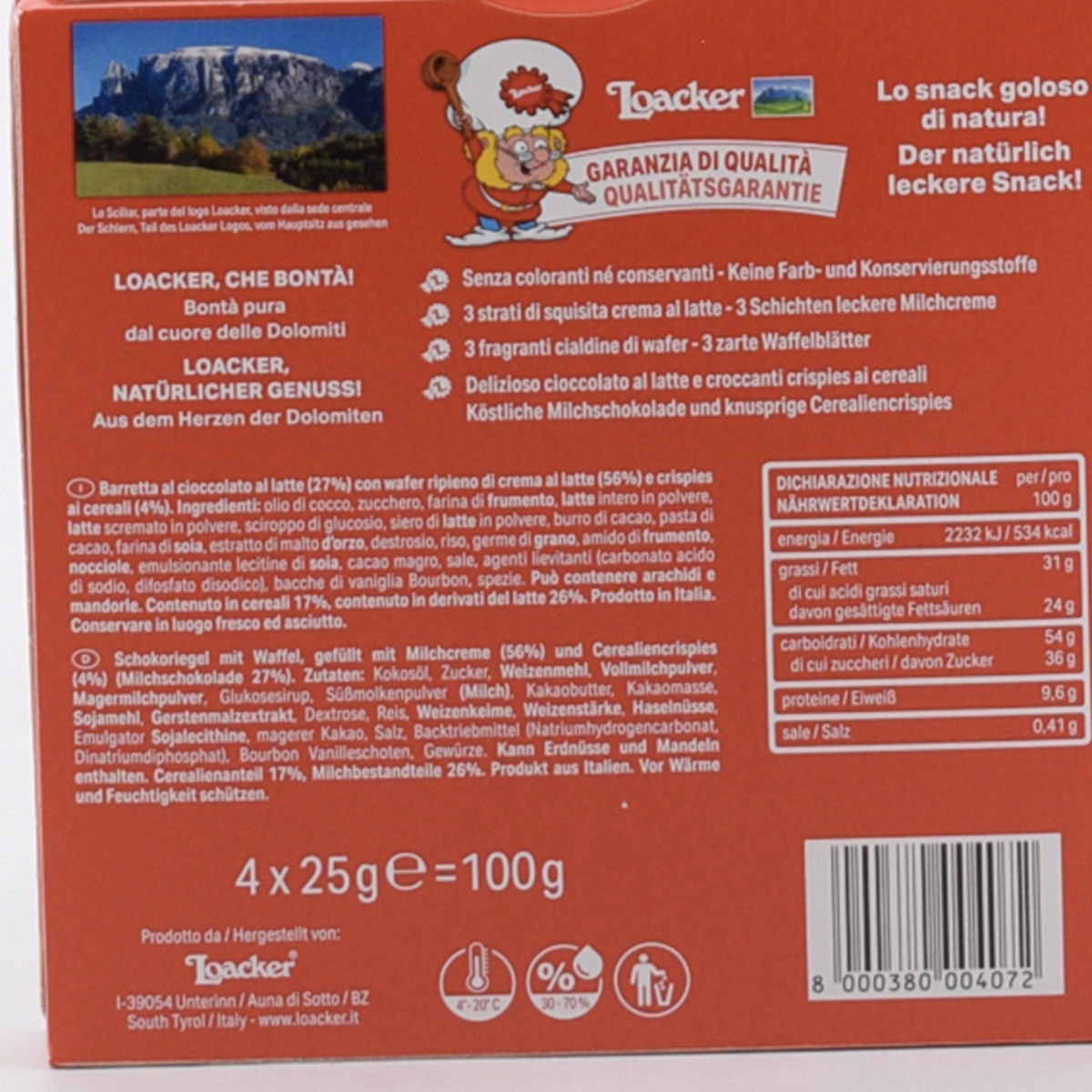 Loacker Barrette Choco & Milk Cereals 4x25g | Paladini Otello Supermercati
