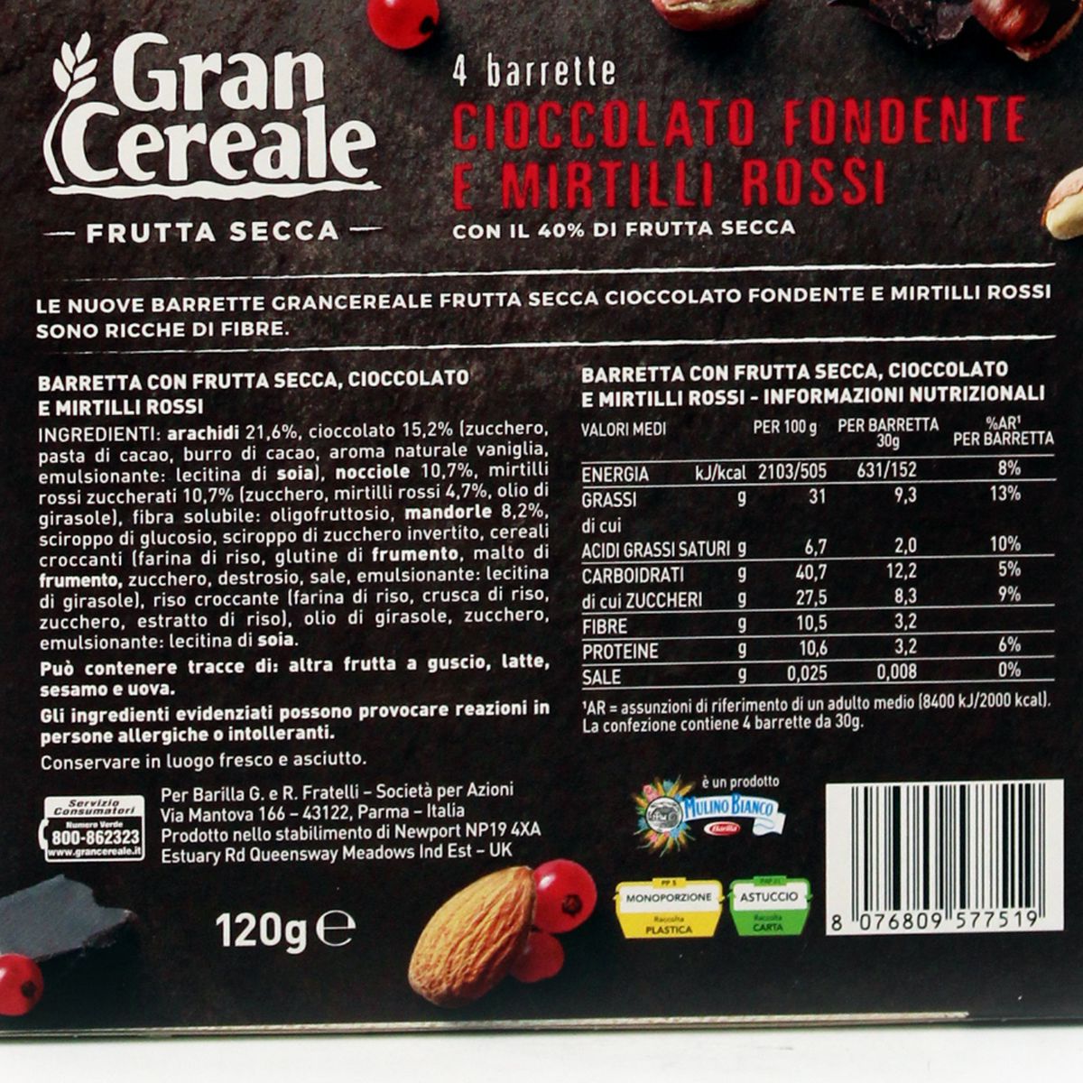 Gran Cereale 4 Barrette Cioccolato Fondente e Mirtilli Rossi | Paladini ...